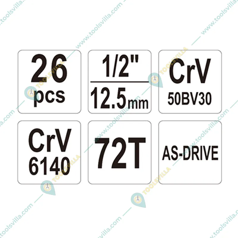 YATO YT-38752 26 Pcs 1/2 inch Socket Tool Set