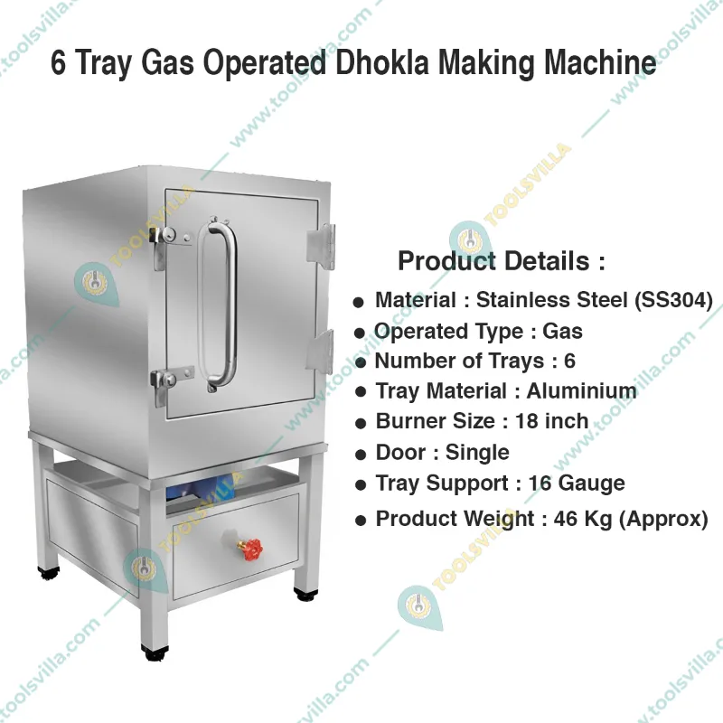 Commercial 6 Tray Gas Operated Dhokla Making Machine, SS Body