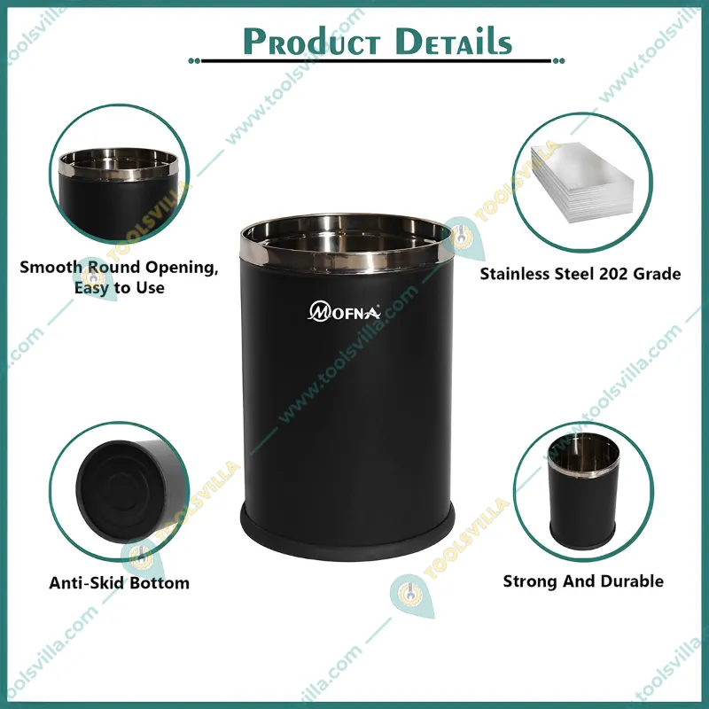 Mofna 18L, 10x14 Inch Black Solid Dustbin, Stainless Steel Cylindrical ...
