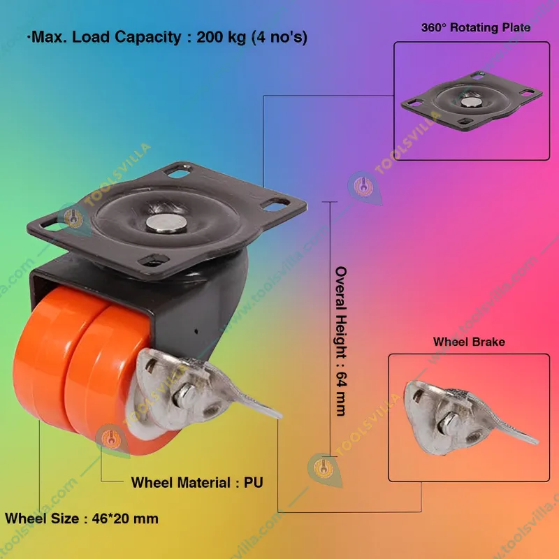 64mm Height Steel & Plastics Radius Flat Double Puff Caster Wheel With ...
