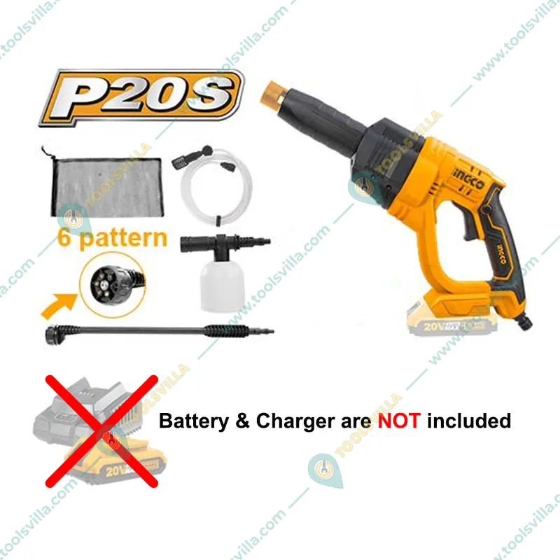 INGCO 2.2 LPM 20 V Lithium-Ion Cordless Pressure Washer Without Battery ...