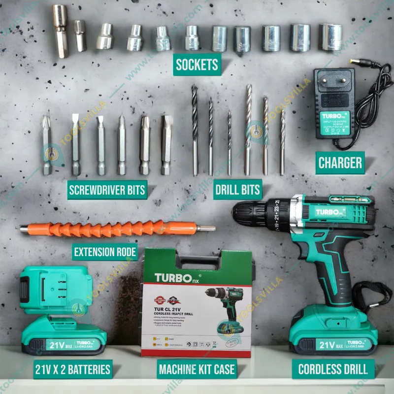 Turbo 21 V 10mm Cordless Drill Machine With Tool Kit Box 1300 RPM